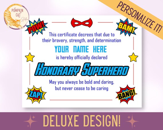 SUPERHERO Certificate PERSONALIZE IT Printable Instant - Etsy