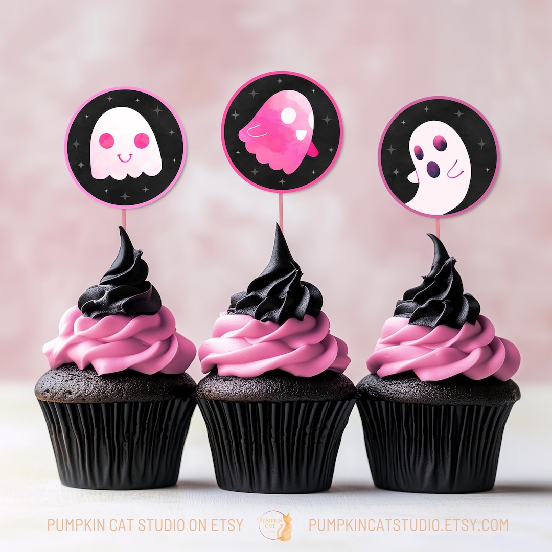 Pink and Black Halloween Printable Cupcake Toppers - Cute Halloween ...