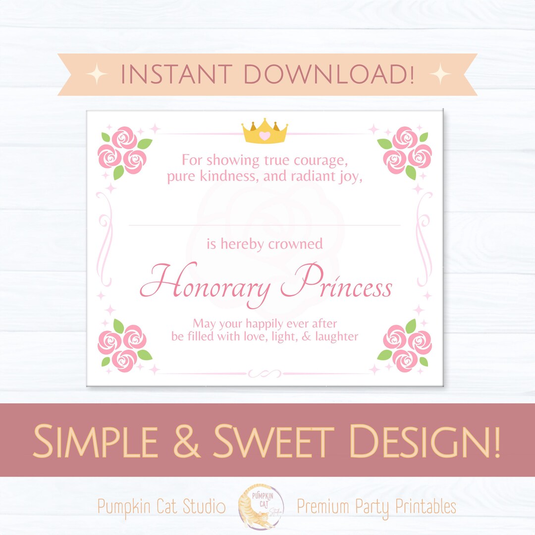 Honorary Princess Certificate Sleeping Beauty Themed Party Favor and ...