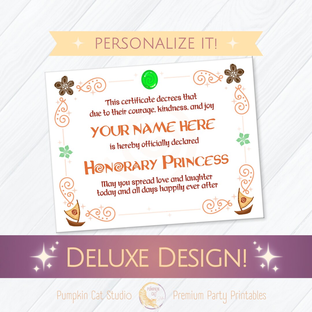 Custom Honorary Princess Certificate Personalized Moana Themed Party ...