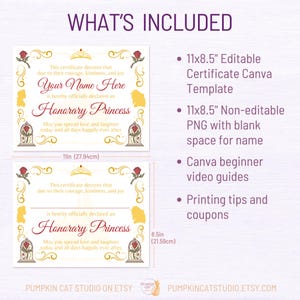 Beauty and the Beast Themed Princess Certificate - 11x8.5" - Editable ...