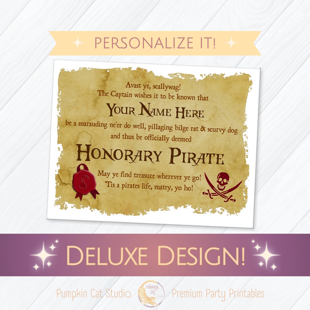 Custom Honorary Pirate Certificate Personalized Party Favor and ...