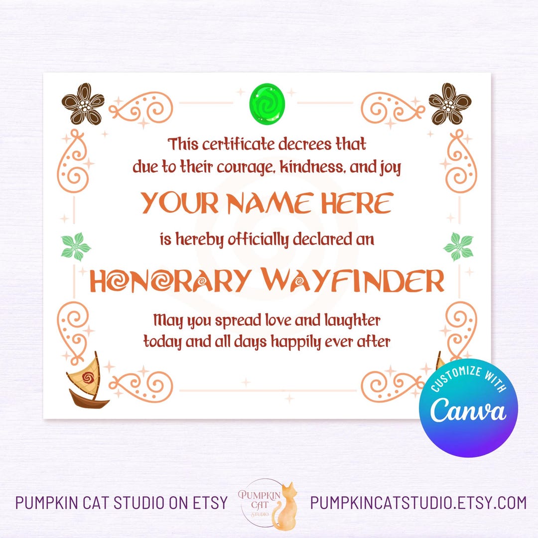 Moana Themed Wayfinder Certificate 11x8.5 Editable Canva Template ...
