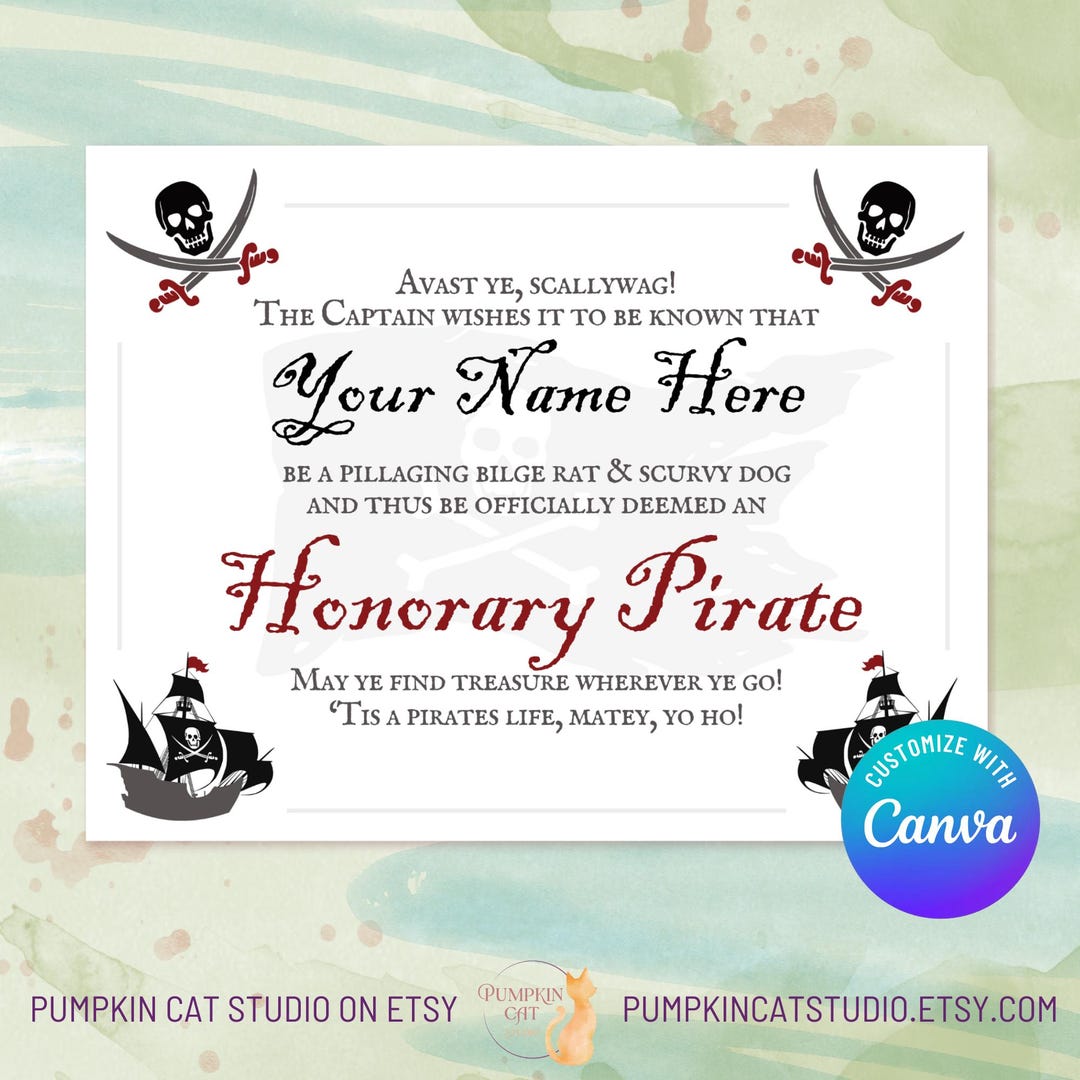 Pirate Certificate - 11x8.5" - Editable Canva Template, Personalized ...