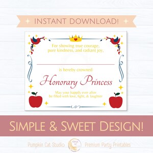 Honorary Princess Certificate Snow White Themed Party Favor and ...