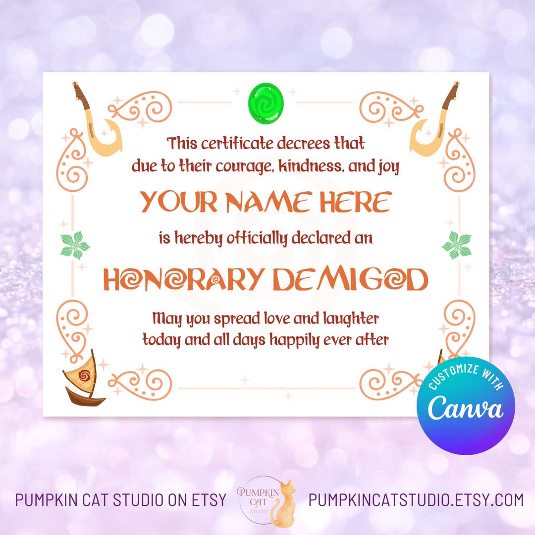 Demigod Certificate - 11x8.5" - Editable Canva Template, Personalized ...