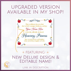 Honorary Princess Certificate Snow White Themed Party Favor and ...