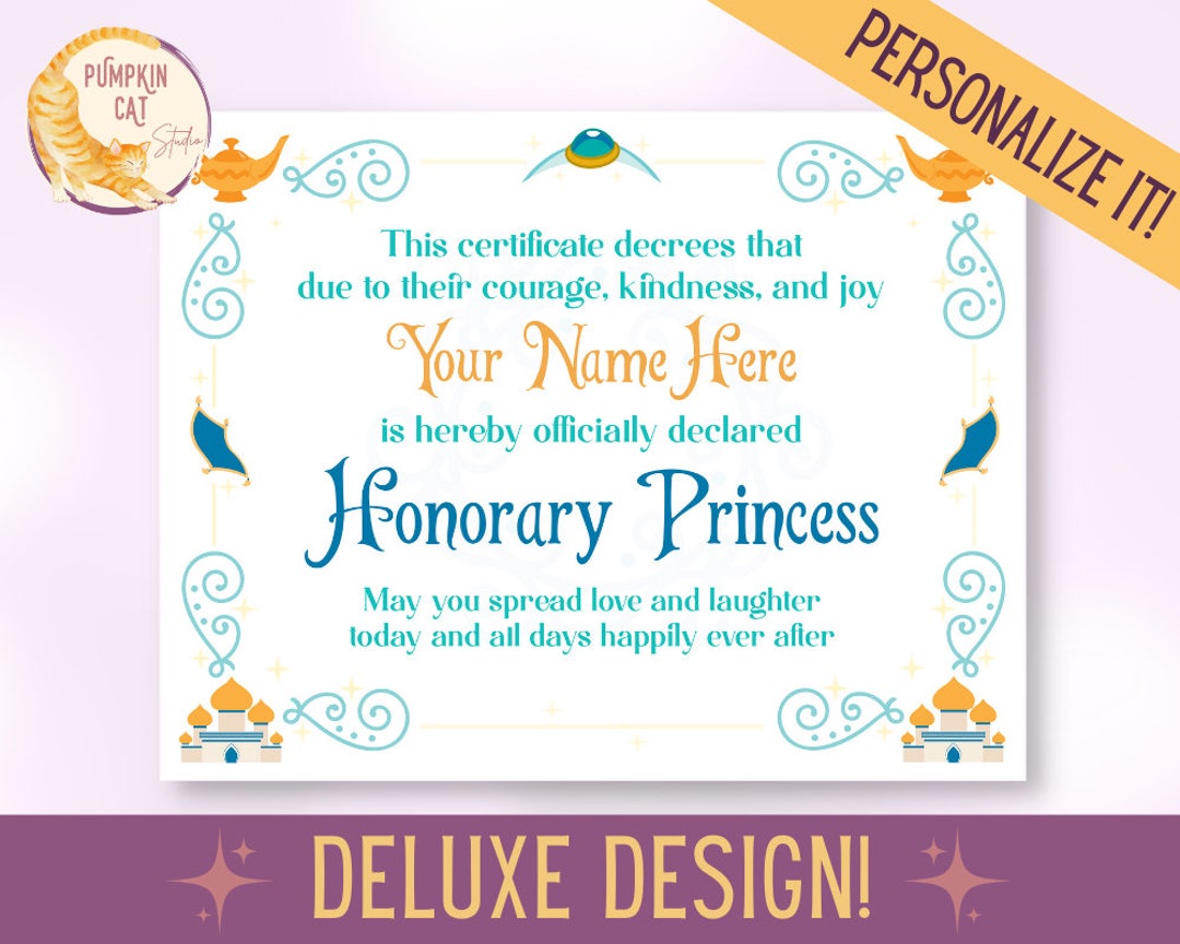 JASMINE Themed Princess Certificate PERSONALIZE It Printable, Instant ...
