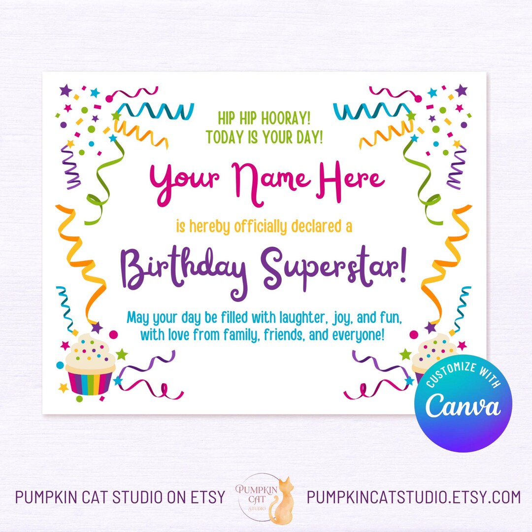 Birthday Superstar Certificate - 11x8.5" - Editable Canva Template ...