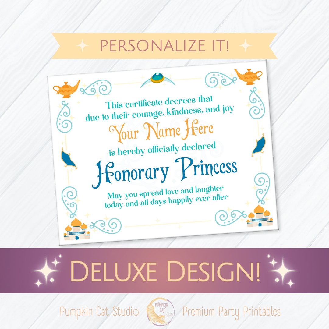 Custom Honorary Princess Certificate Personalized Jasmine Themed Party ...