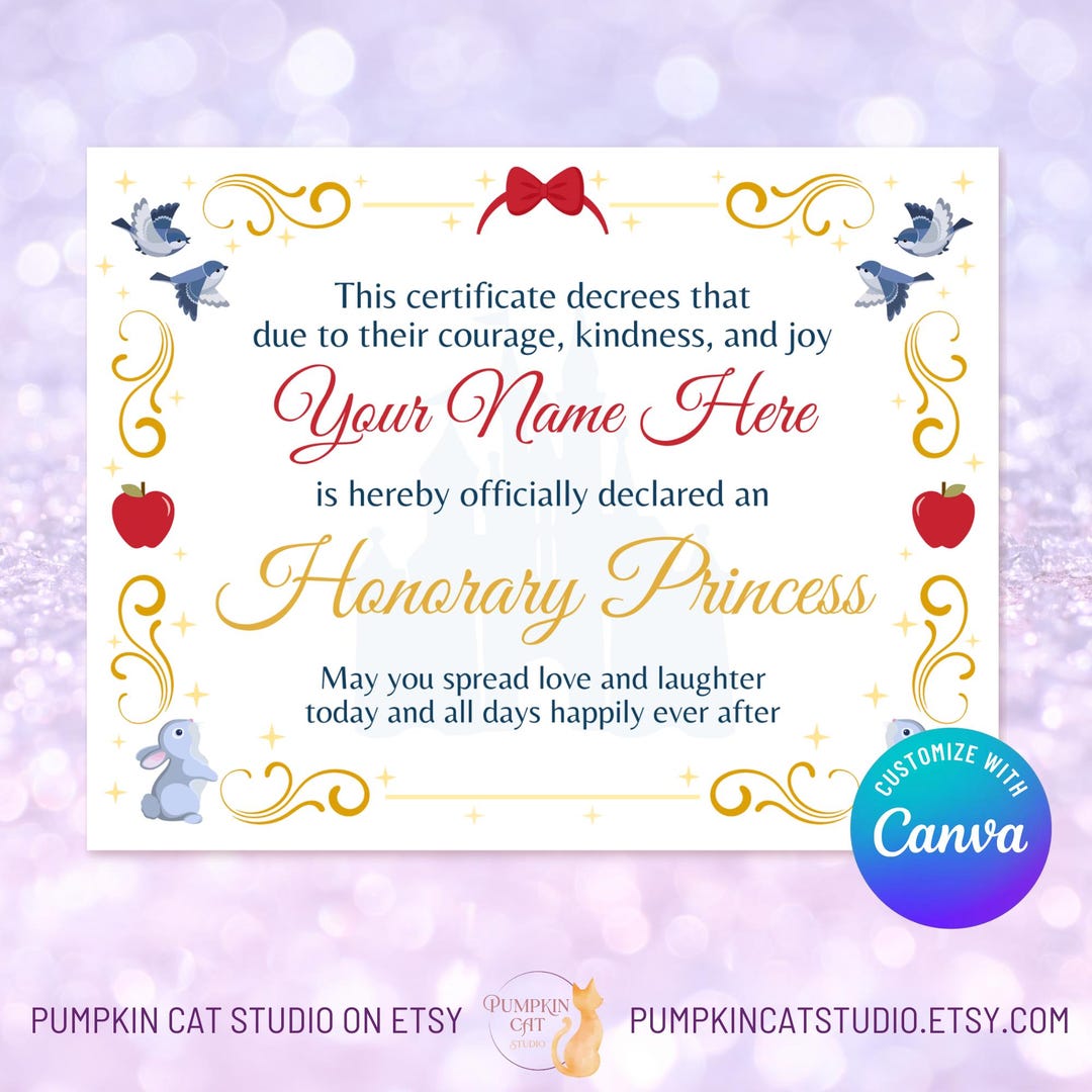 Snow White Themed Princess Certificate - 11x8.5" - Editable Canva ...