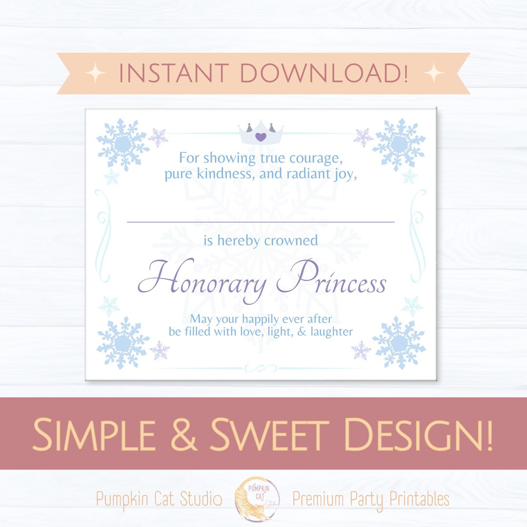 Honorary Princess Certificate Elsa Themed Party Favor and Frozen ...