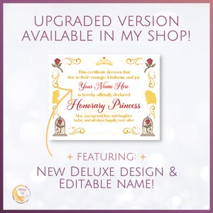 Honorary Princess Certificate Belle Themed Party Favor, Beauty and the ...