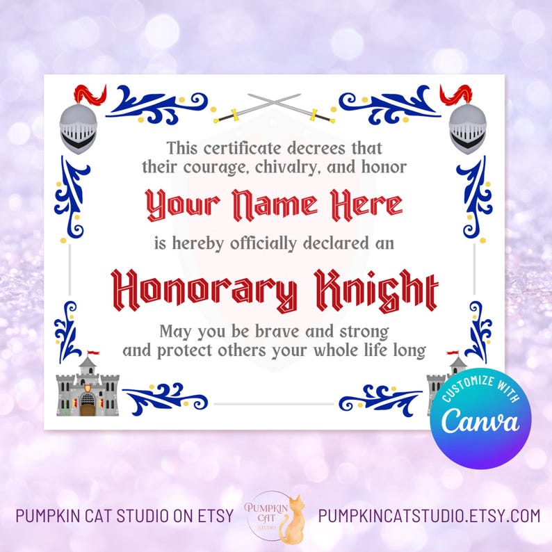 Knight Certificate - 11x8.5" - Editable Canva Template, Personalized ...