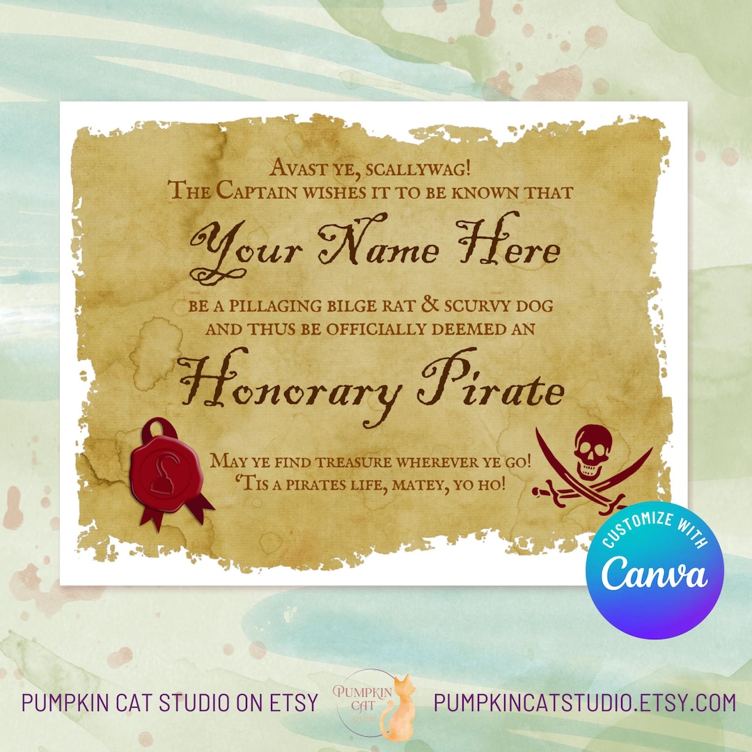 Pirate Parchment Certificate - 11x8.5" - Editable Canva Template ...