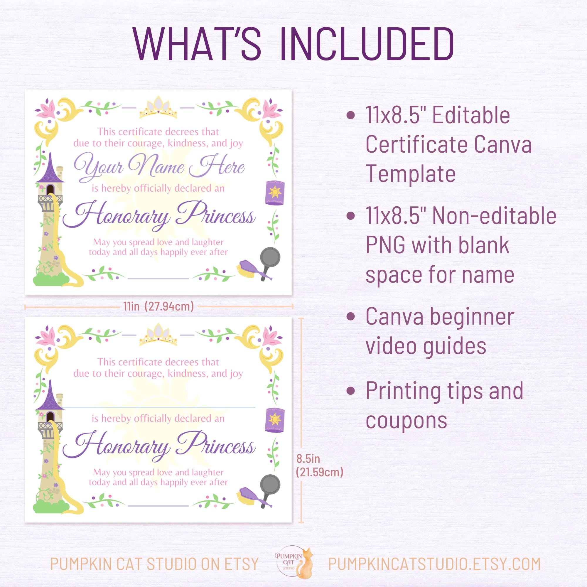 Rapunzel Themed Princess Certificate - 11x8.5" - Editable Canva ...