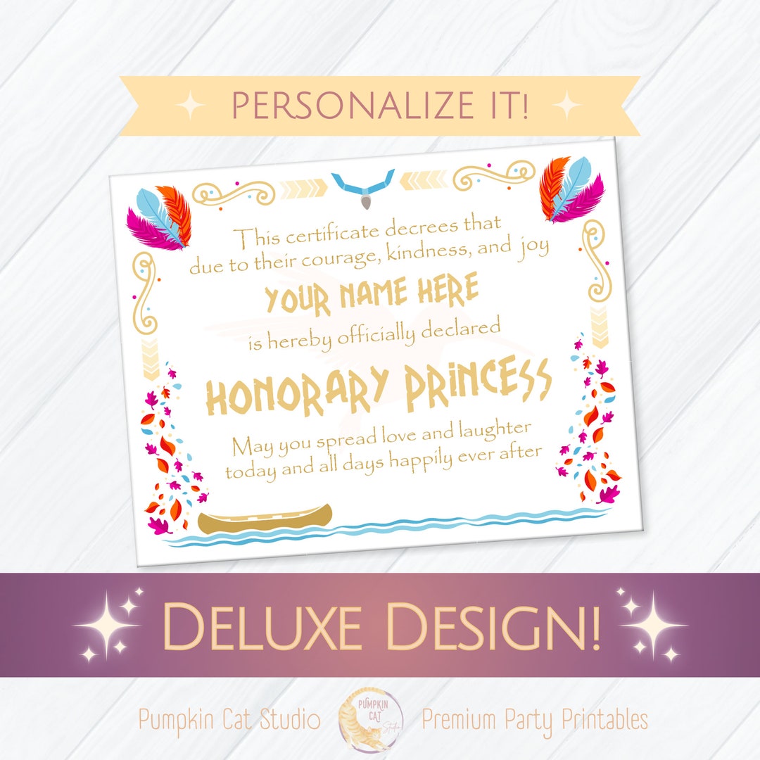 Custom Honorary Princess Certificate Personalized Pocahontas Themed ...