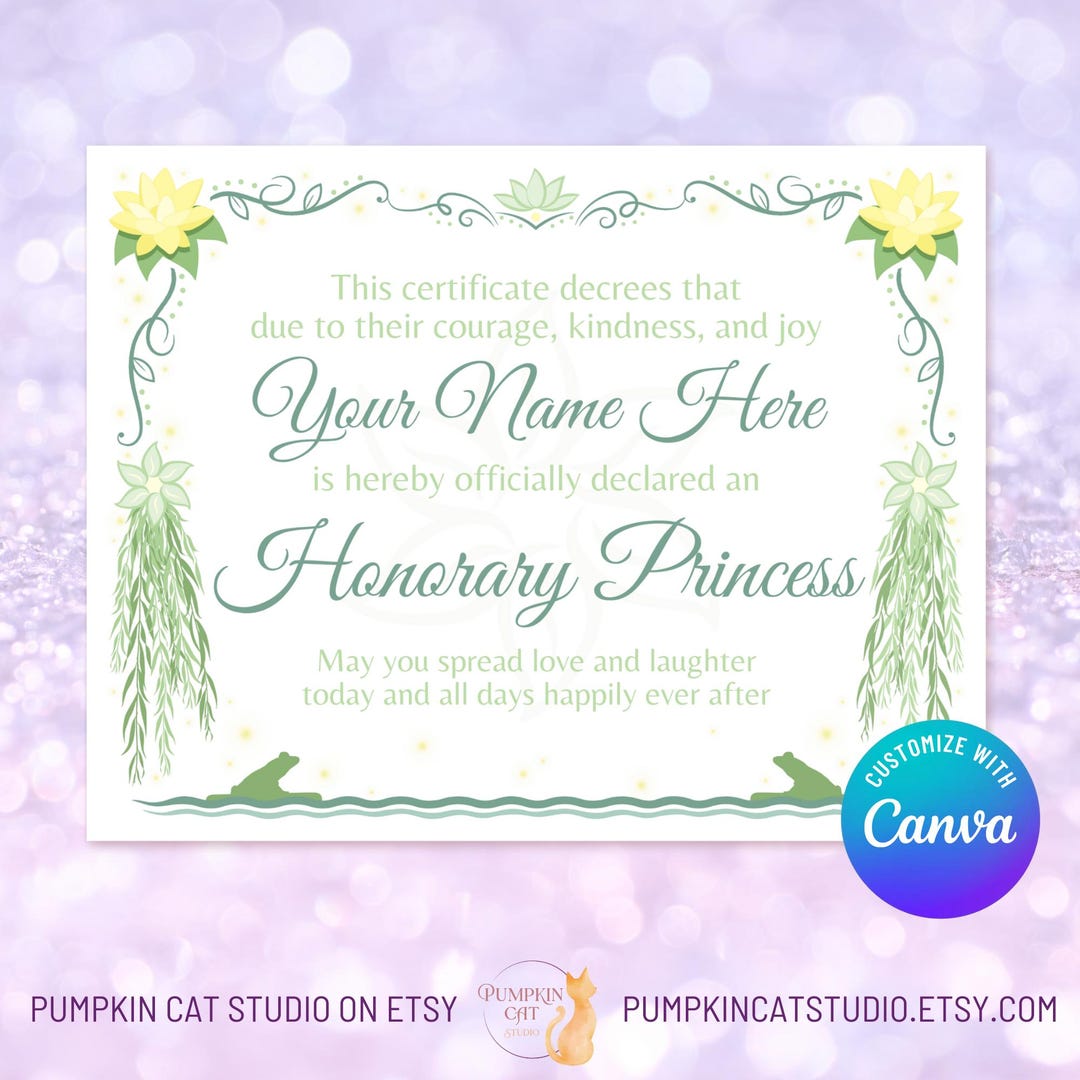 Tiana Themed Princess Certificate - 11x8.5" - Editable Canva Template ...
