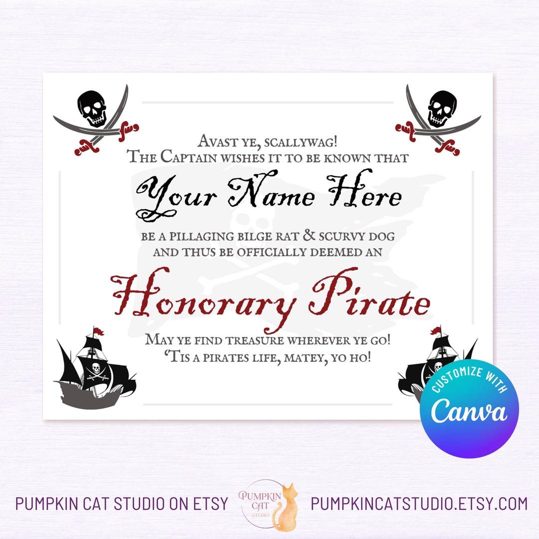 Pirate Certificate 11x8.5 Editable Canva Template, Personalized ...