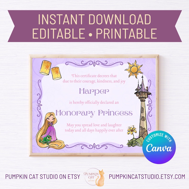 Rapunzel Princess Certificate - Tangled Birthday Party Favor - Editable ...