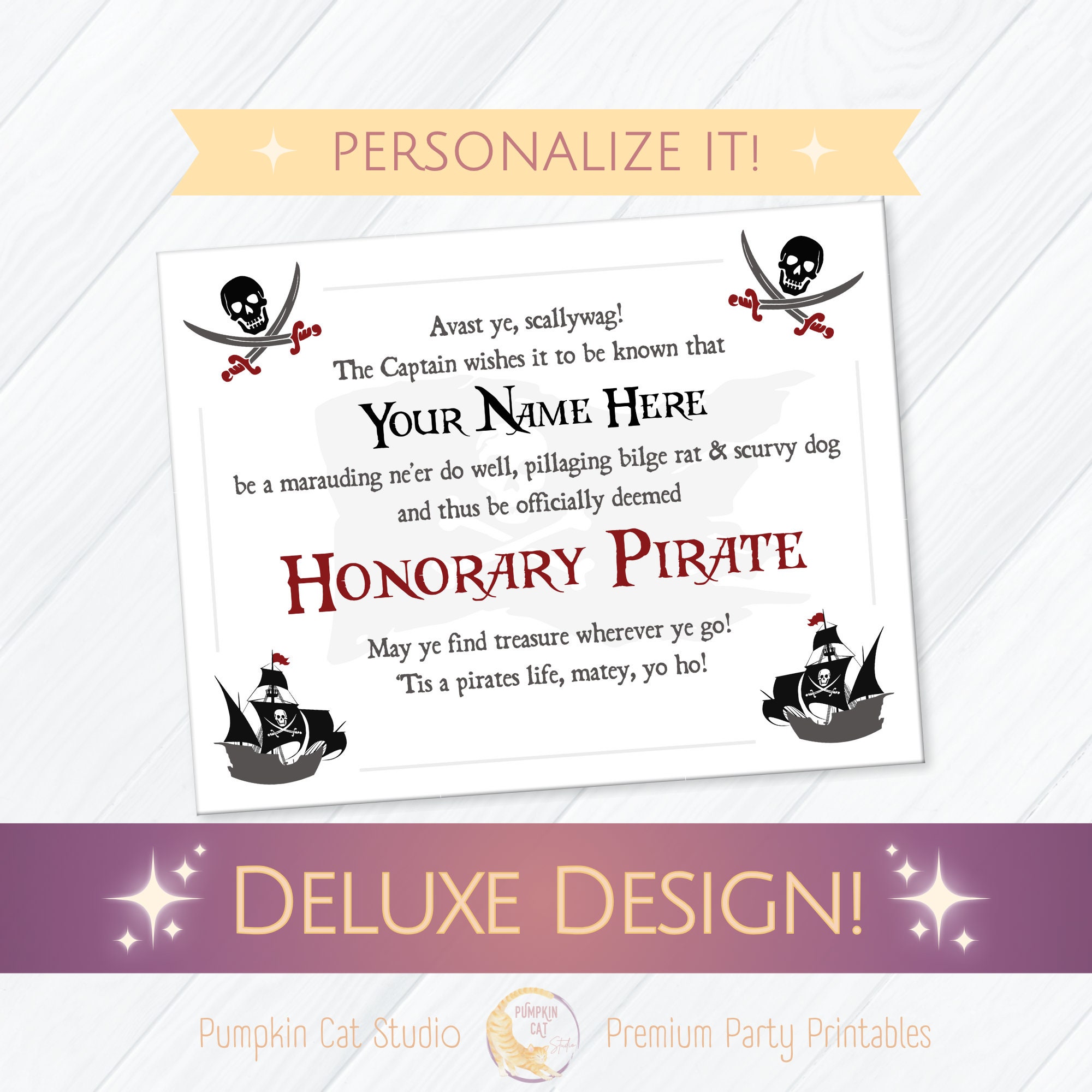 Custom Honorary Pirate Certificate Personalized Party Favor and ...