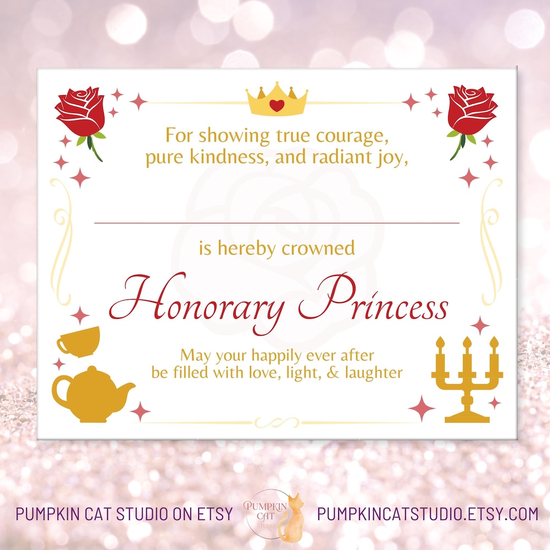 Honorary Princess Certificate - Belle Themed Party Favor, Beauty and ...