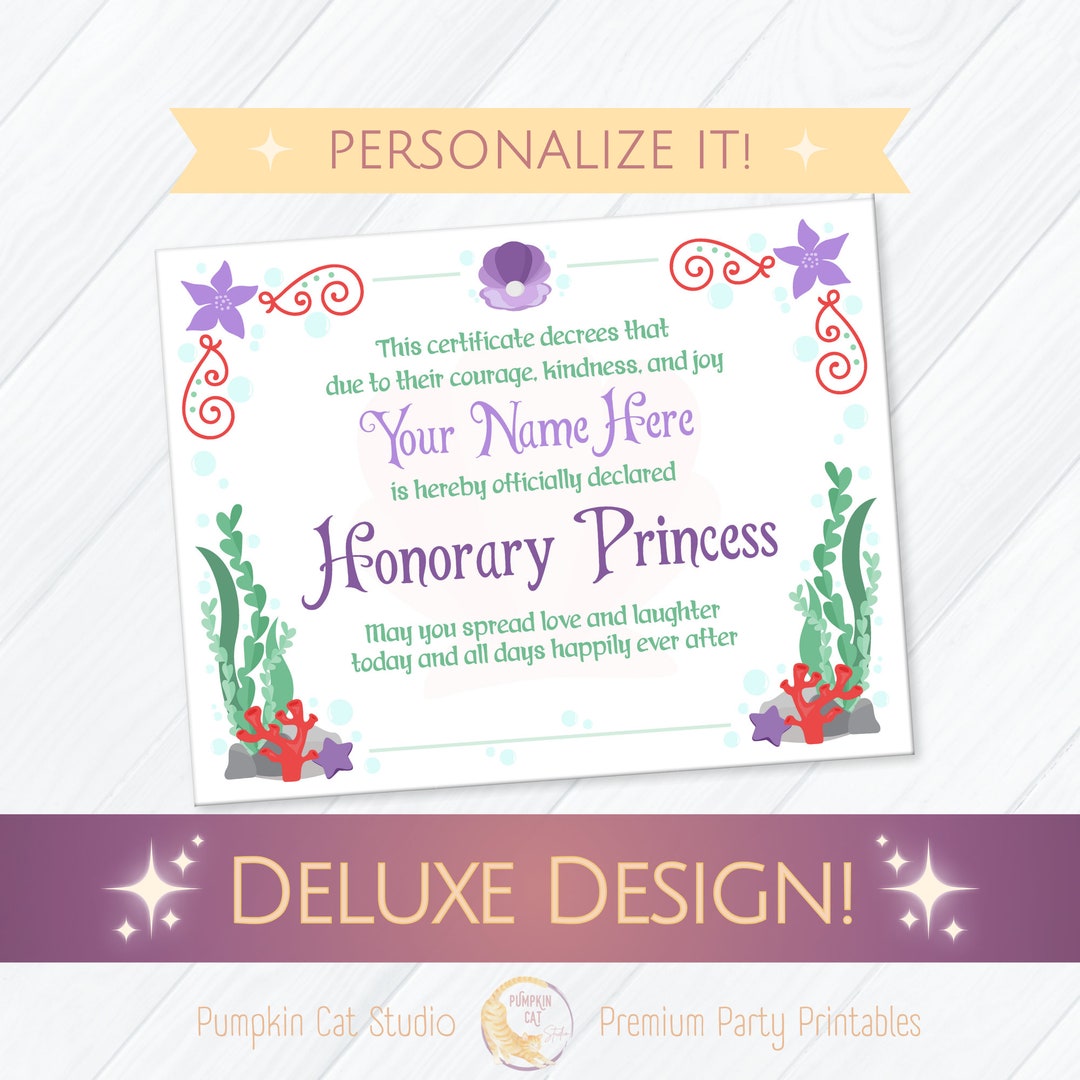 Custom Honorary Princess Certificate Personalized Ariel Themed Party ...