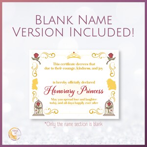Custom Honorary Princess Certificate Personalized Belle Themed Party ...