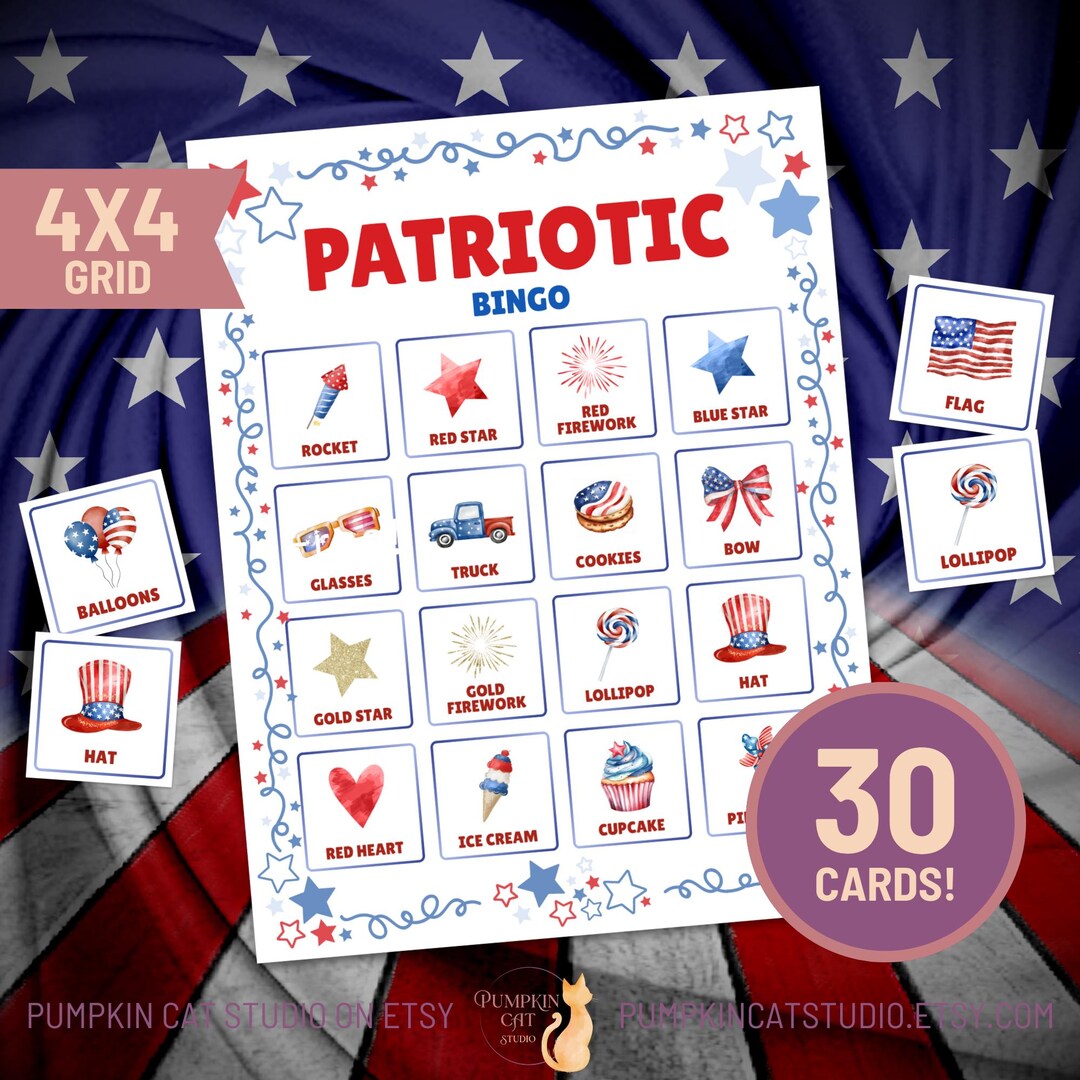 Patriotic Bingo Set - 30 Players - 4x4 Grid - Printable Pdfs - Instant ...