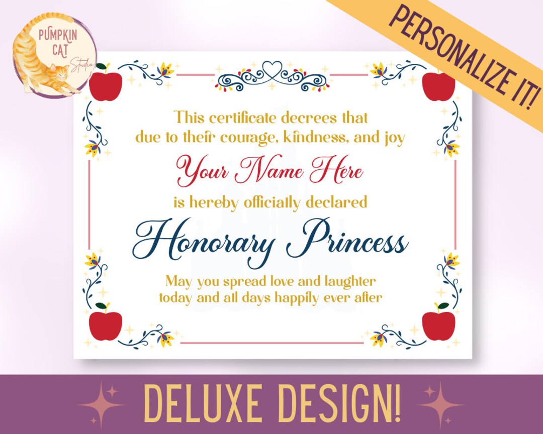 SNOW WHITE Themed Princess Certificate PERSONALIZE It - Etsy