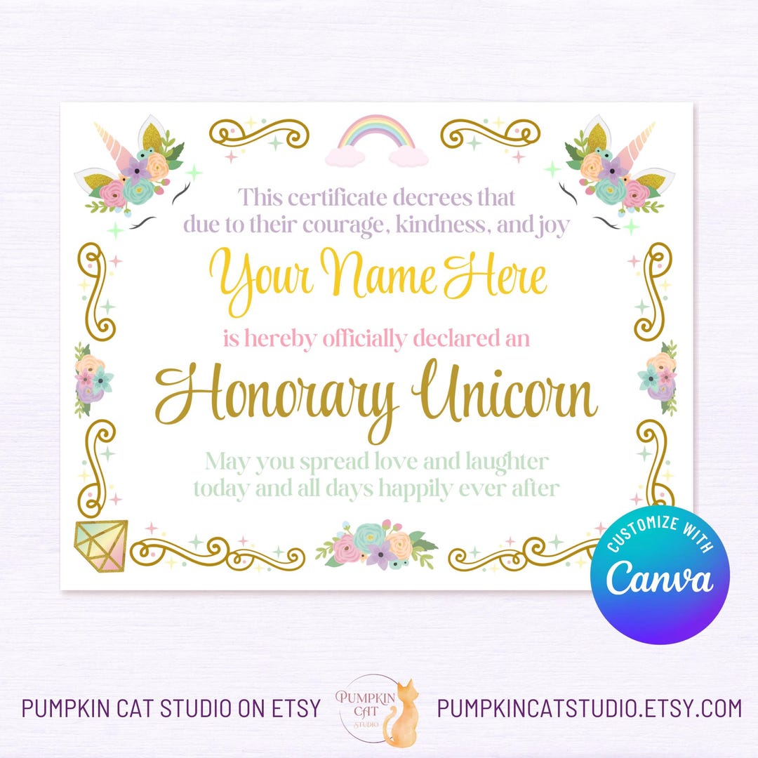 Unicorn Certificate - 11x8.5" - Editable Canva Template, Personalized ...