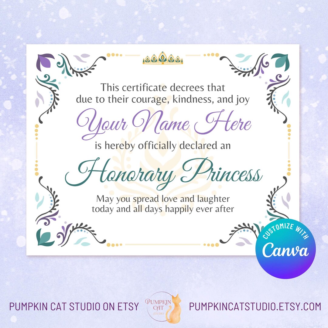 Queen Anna Themed Princess Certificate - 11x8.5" - Editable Canva ...