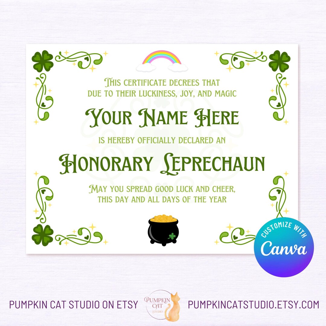 Leprechaun Certificate - 11x8.5" - Editable Canva Template ...