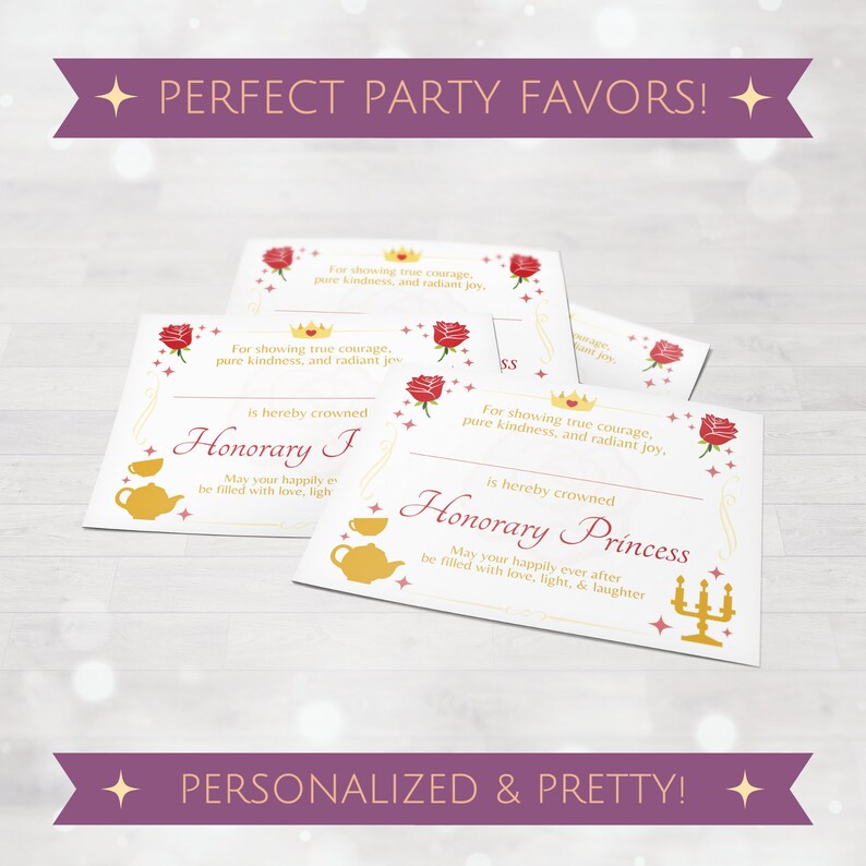 Honorary Princess Certificate - Belle Themed Party Favor, Beauty and ...