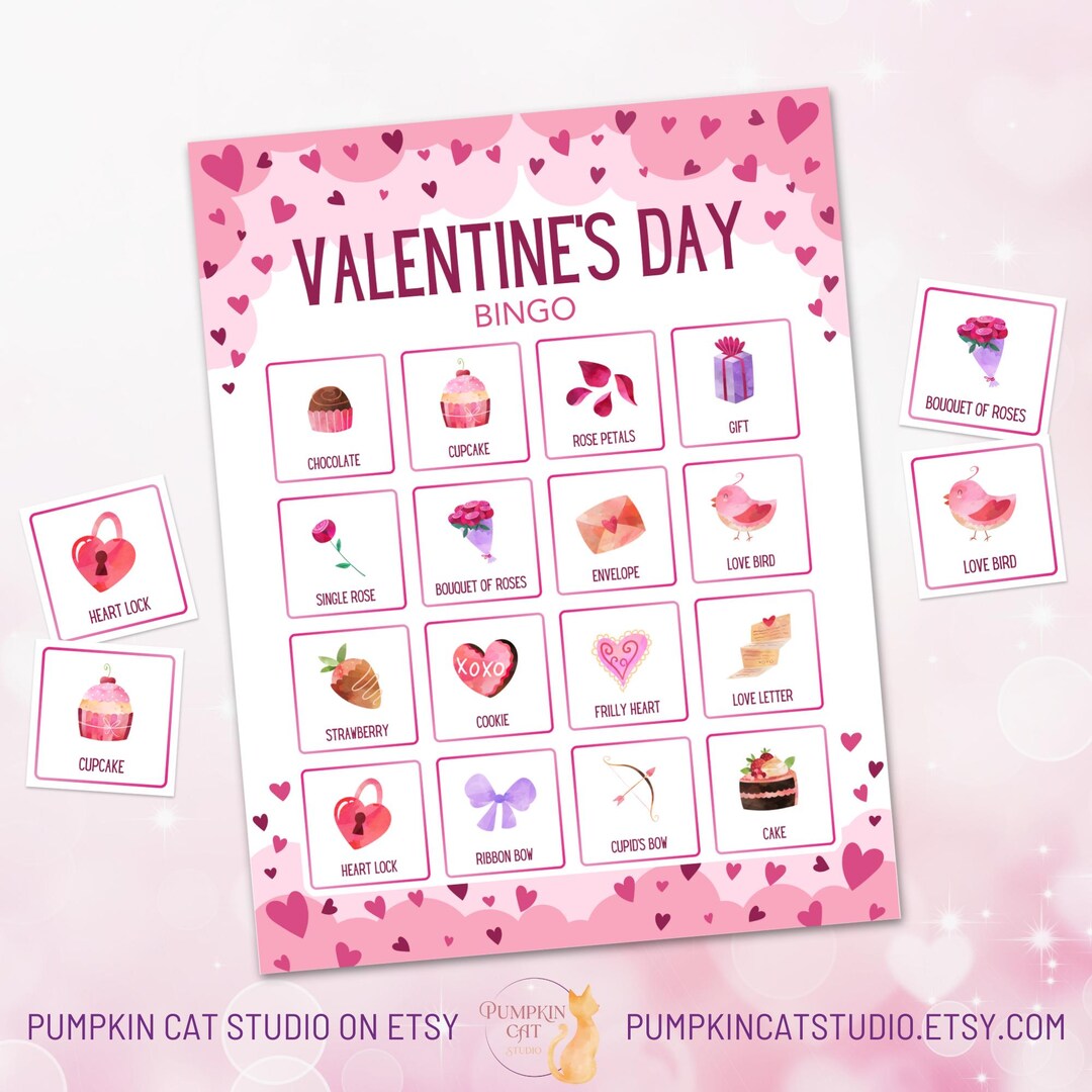 Valentine's Day Bingo Set (with Words) - 30 Bingo Cards - 4x4 Grid ...