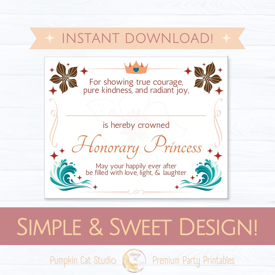 Honorary Princess Certificate Moana Themed Party Favor and Birthday ...