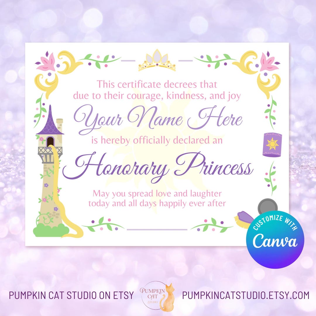 Rapunzel Themed Princess Certificate - 11x8.5" - Editable Canva ...