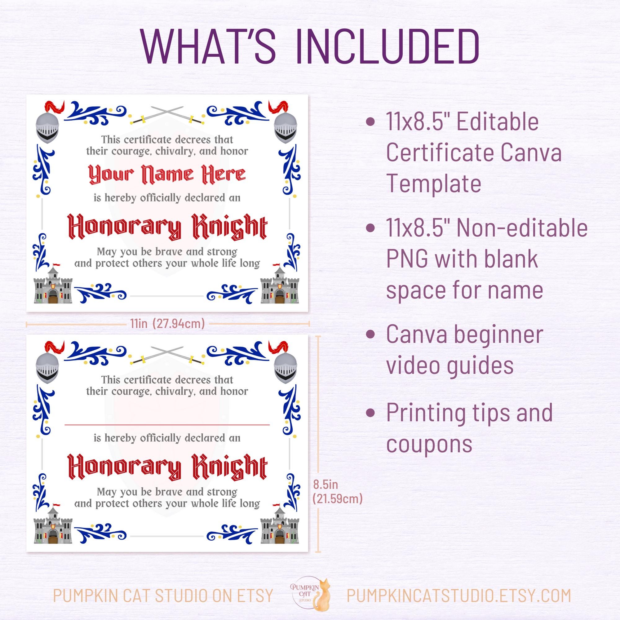 Knight Certificate - 11x8.5" - Editable Canva Template, Personalized ...