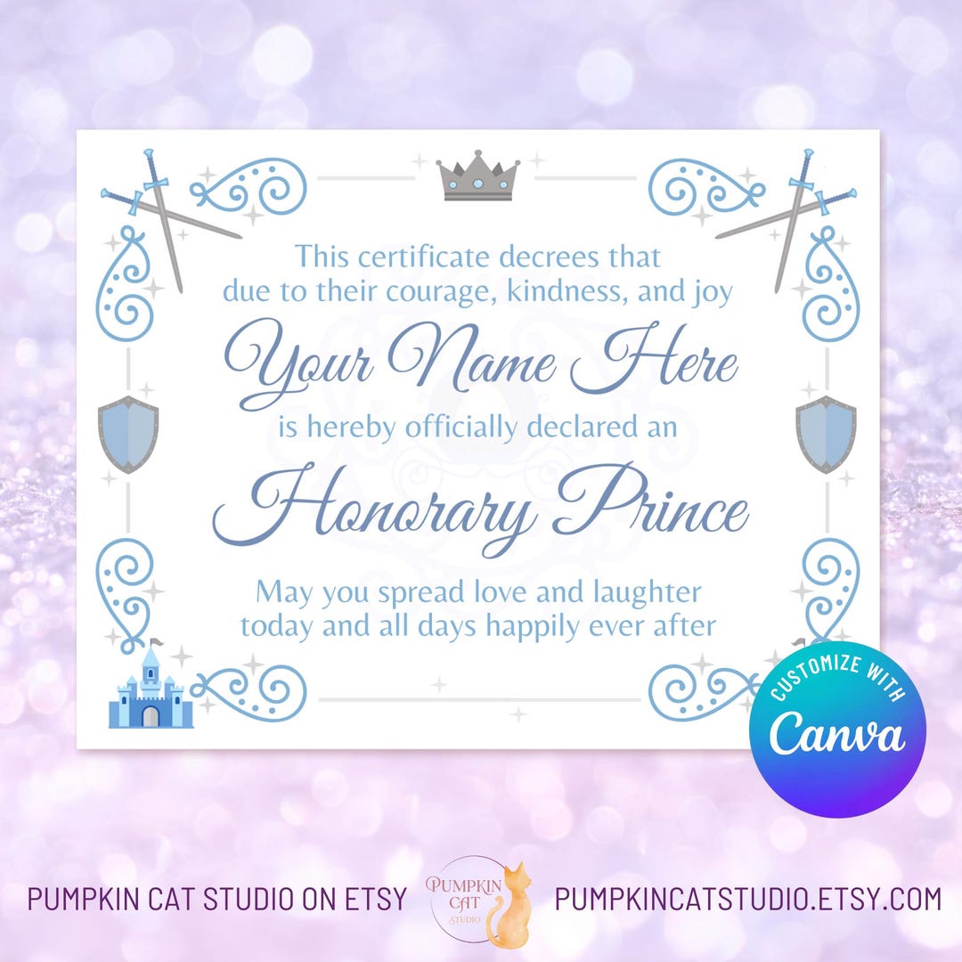 Prince Certificate - 11x8.5" - Editable Canva Template, Personalized ...