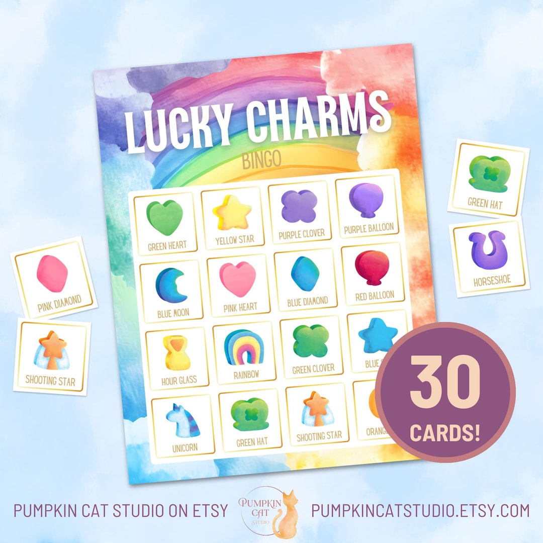 Lucky Charms Themed Bingo Set - 30 Bingo Cards - 4x4 Grid - Printable ...