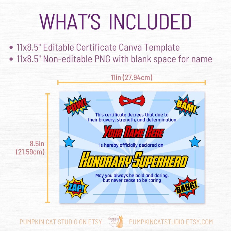 Classic Superhero Certificate 11x8.5" - Editable Canva Template ...
