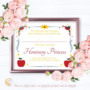 Honorary Princess Certificate Snow White Themed Party Favor and ...