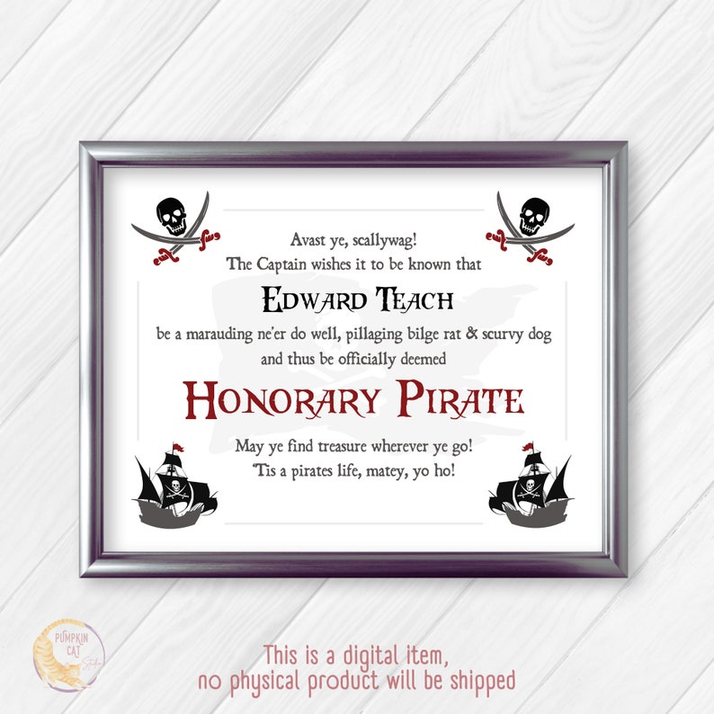 Custom Honorary Pirate Certificate Personalized Party Favor and ...