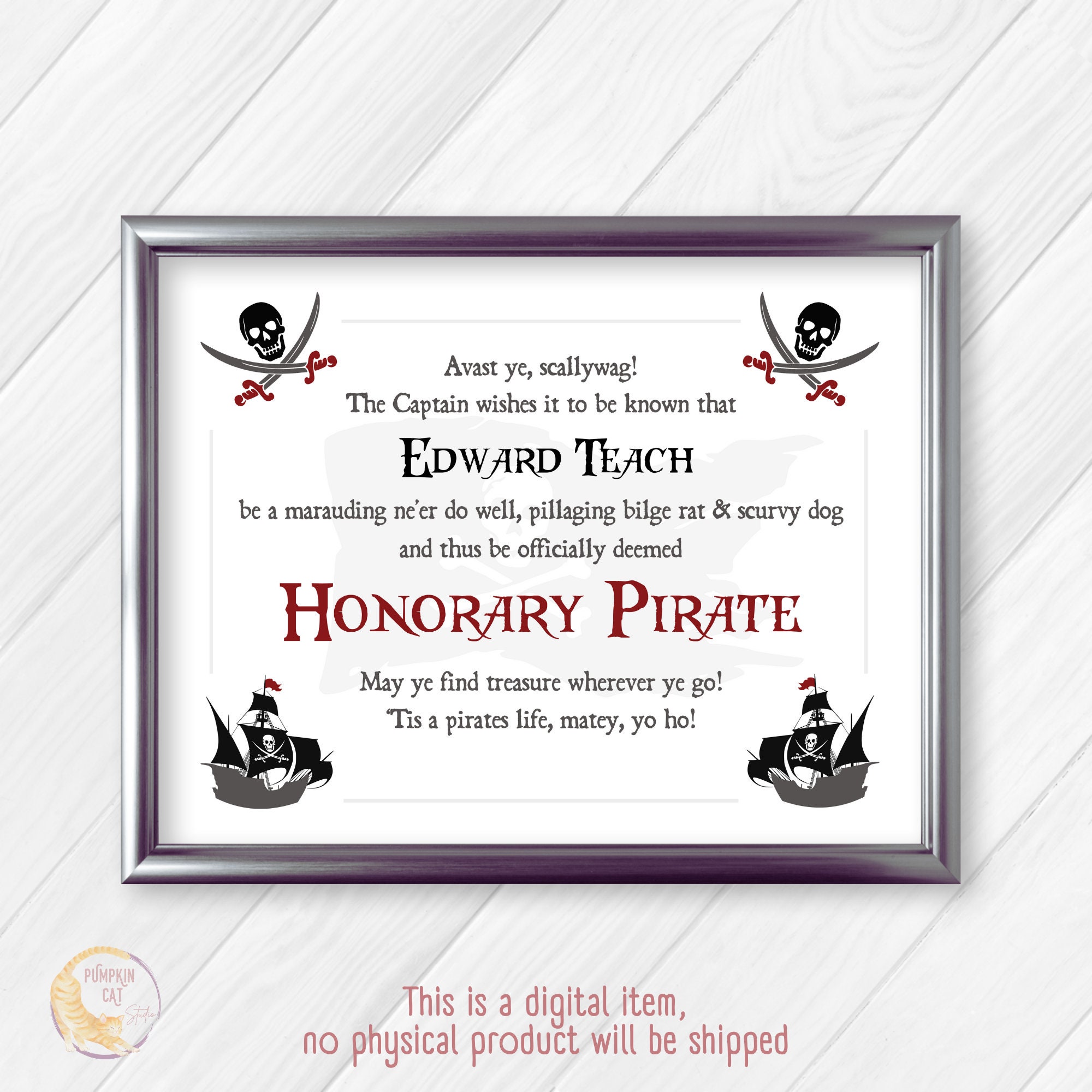Custom Honorary Pirate Certificate Personalized Party Favor and ...