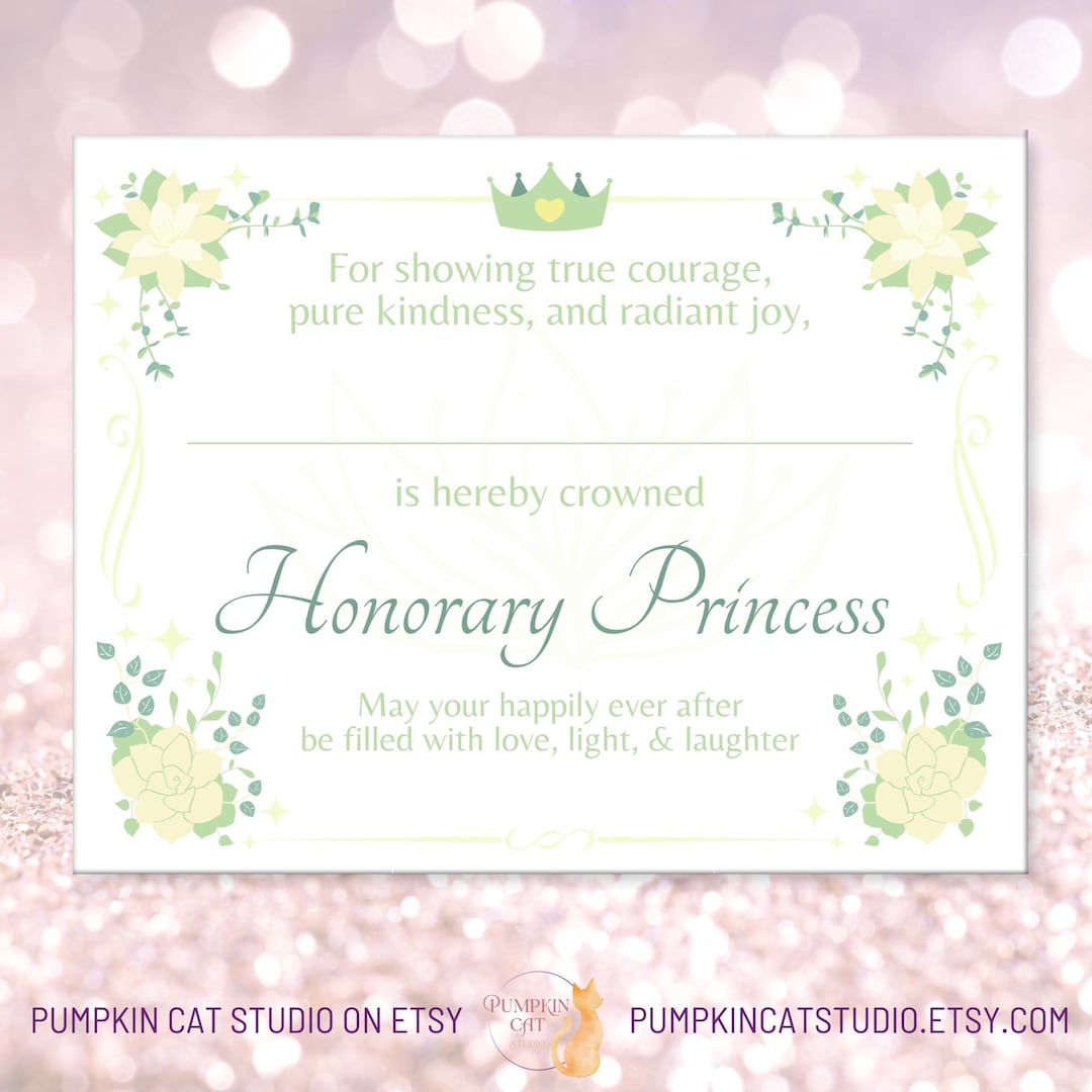 Honorary Princess Certificate - Princess Tiana Themed Party Favor and ...