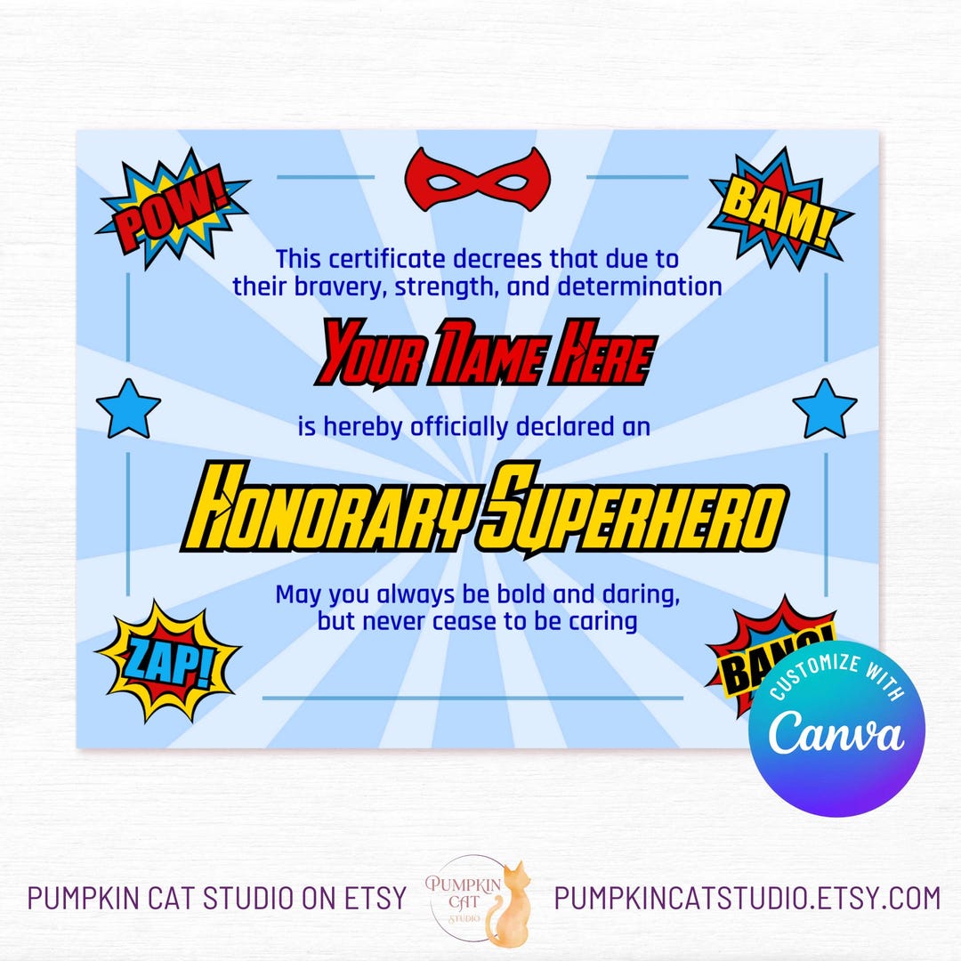 Classic Superhero Certificate 11x8.5" - Editable Canva Template ...