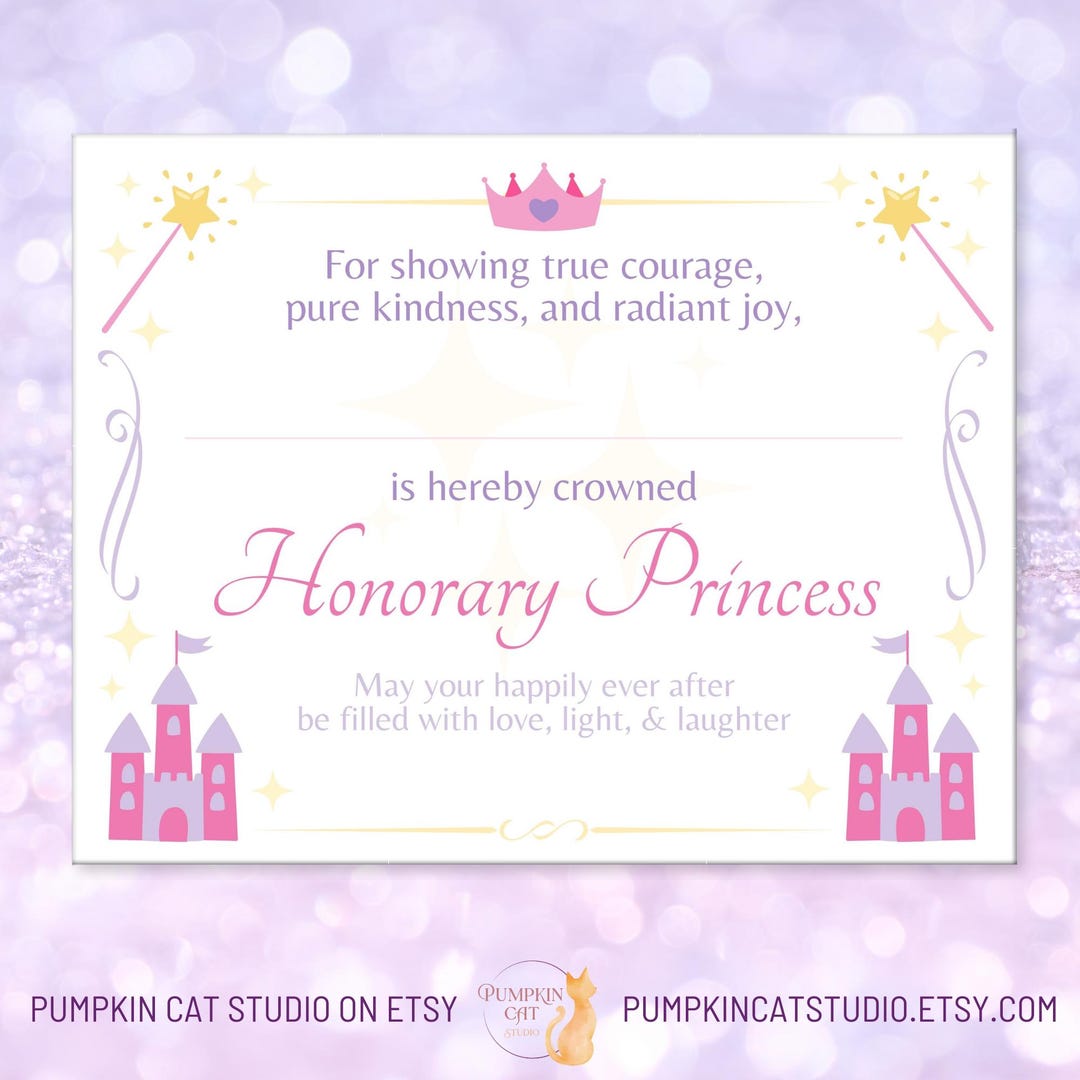 Honorary Princess Certificate Princess Birthday Party Favor and ...