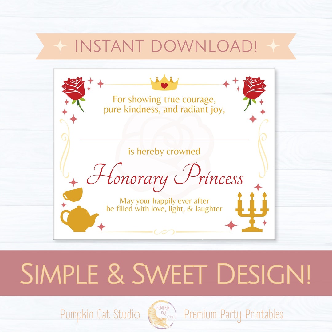 Honorary Princess Certificate Belle Themed Party Favor, Beauty and the ...