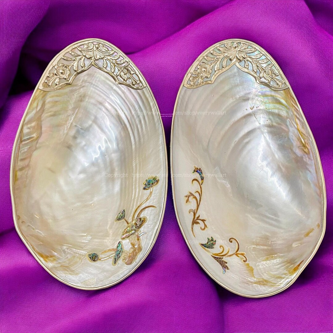 Seashell Dish Mother-of-pearl Lotus & Ylang Ylang Flower Sliver Trim ...