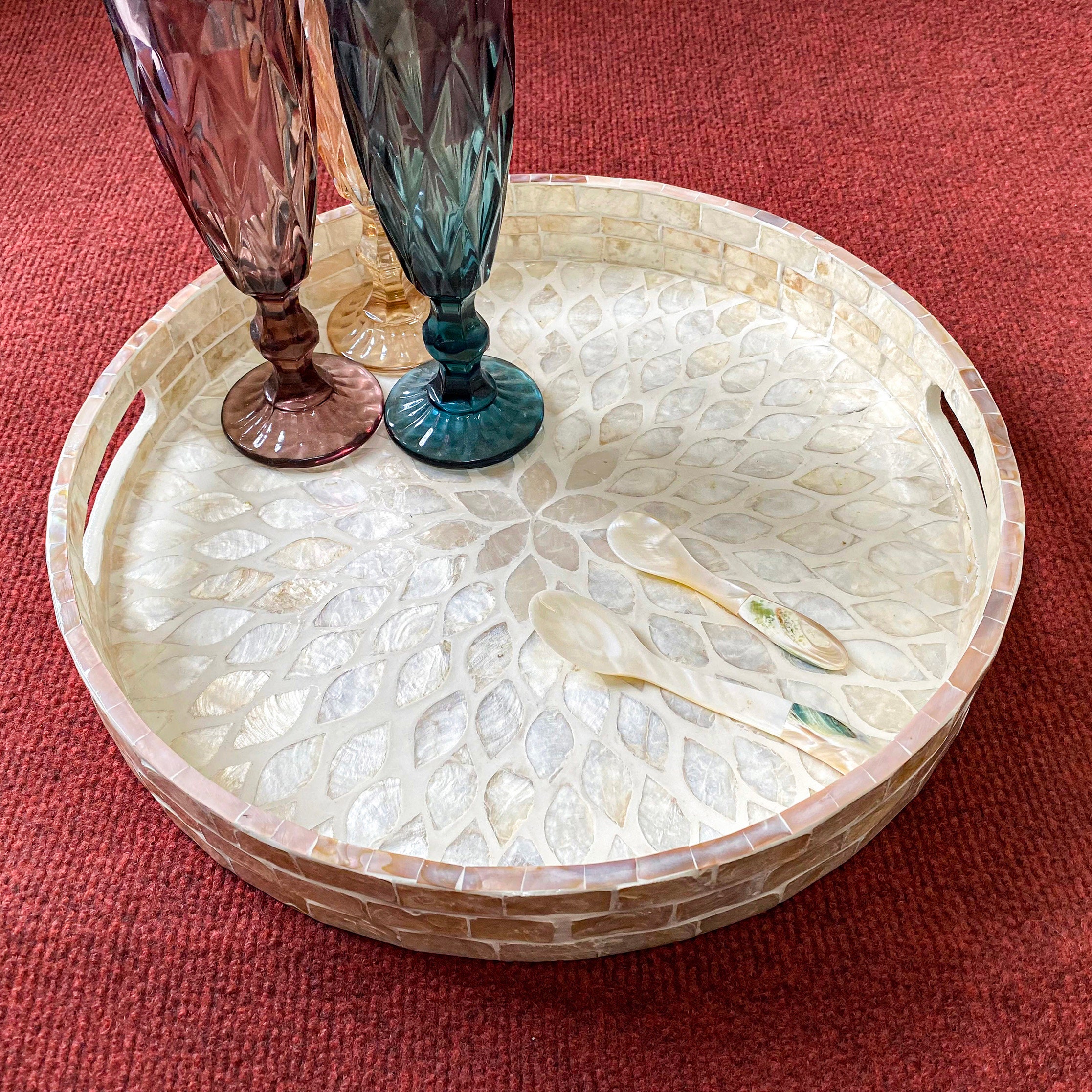 Mother-of-pearl Inlay Round Tray, Full Handmade Round Breakfast Tray ...